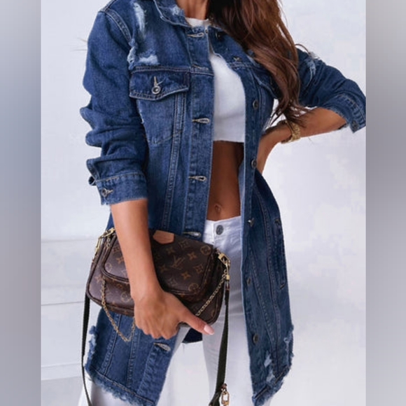 Jackets & Coats | Longline Ripped Denim Jacketdark Blue | Poshmark